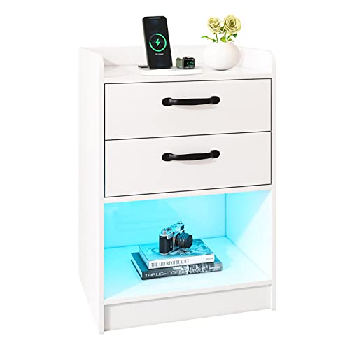 4 EVER WINNER Nightstand Set of 2 LED Light Nightstand with Charging Station, End Table with 2 Drawers for Bedroom, Bedside Table with Power Outlets & USB Ports, White