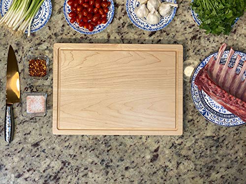 Wood Cutting Board Hard Maple 17x12x1.25 Inches Reversible with Handles and Juice Groove, Extra Thick Butcher Block Chopping Board Handmade By Ferrum.