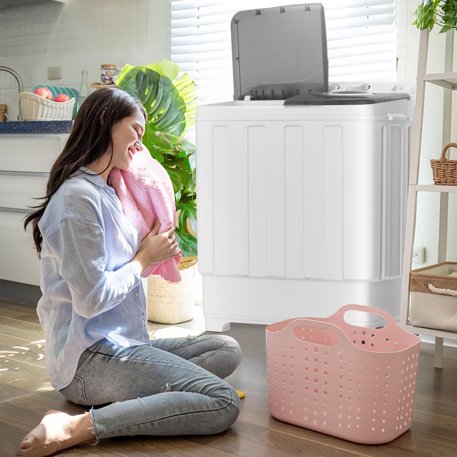 2 In 1 Portable Washing Machine, Washing Machines, Twin Tub Compact Washer 28lbs Capacity, Laundry Washer with Control Knobs/Timer Function/Drain Pump, Washer and Spinner Dryer for Apartment, RV