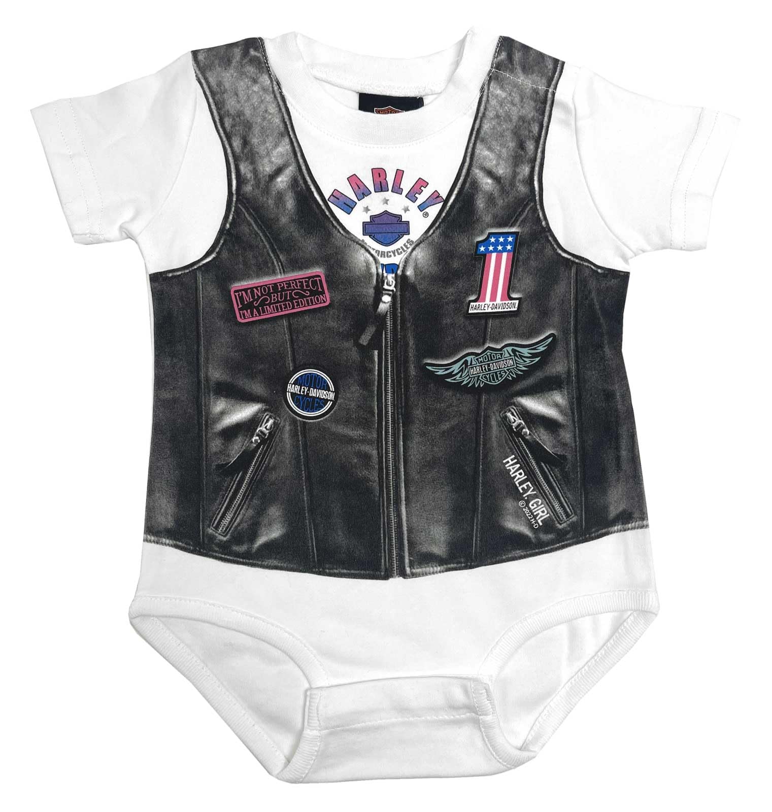 Harley-Davidson Baby Girls' Faux Leather Vest Short Sleeve Creeper (3/6M)