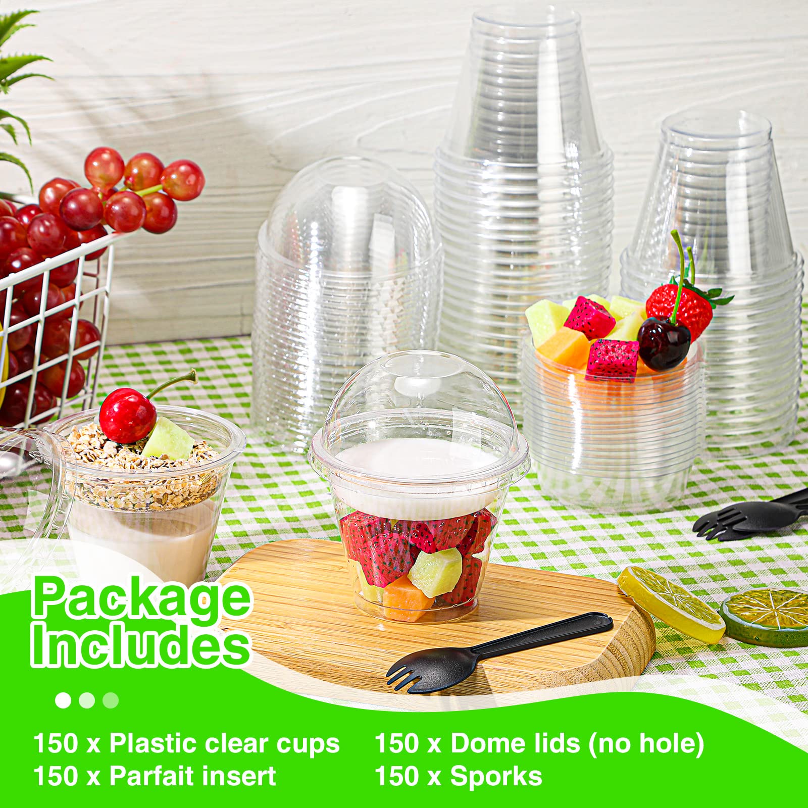 150 Sets 9 oz Clear Plastic Parfait Cups with Lids Mini Dessert Cups with Spoons No Hole and Insert Disposable Yogurt Container Cups with Dome Lids for Yogurt Fruit Cereal Oatmeal Pudding Ice Cream