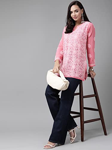 Ada Indian Hand Embroidered Chikankari Women's Pink Georgette Top Tunic Shirt Kurti A911225 (XX-Large)