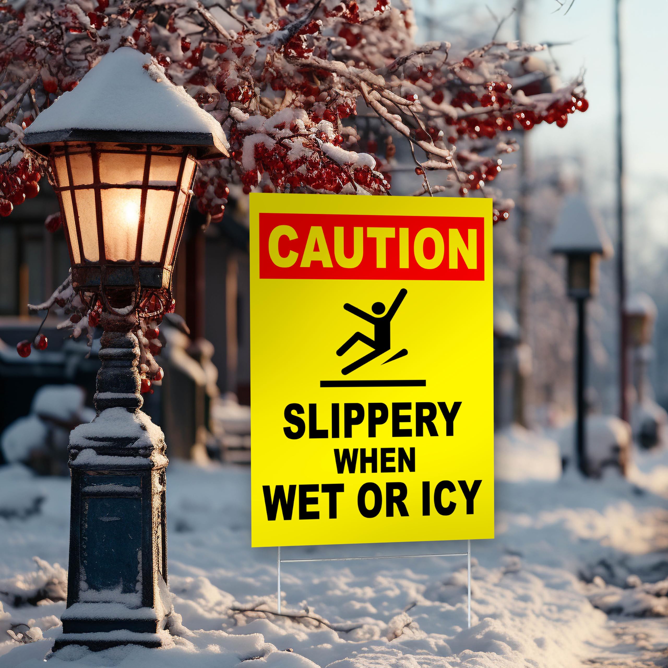 Caution Slippery When Wet or Icy - 8 x 12 Double Sided Coroplast Warning Slippery When Wet Sign - Caution Ice Sign - Caution Wet Floor Sign Yellow