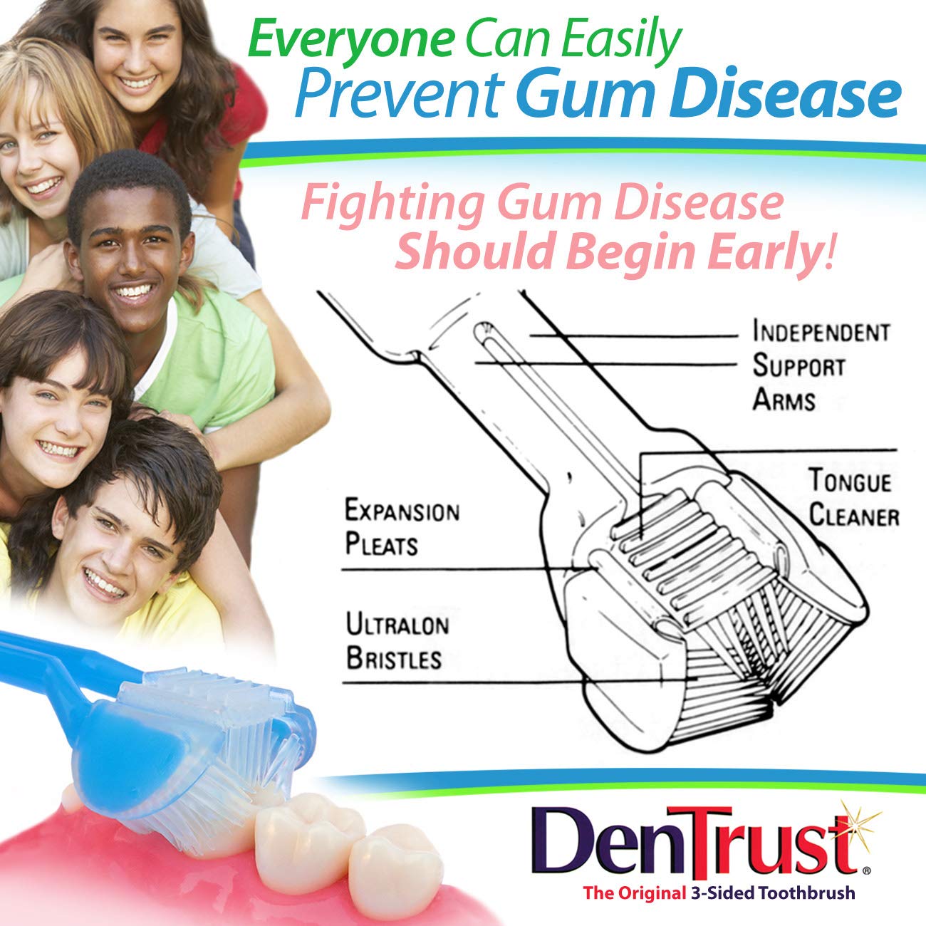 DenTrust 2-PK 3-Sided Toothbrush | Made in USA | Ultra Soft | Triple Clean + Tongue Scraper | Kids Children Braces Special Needs