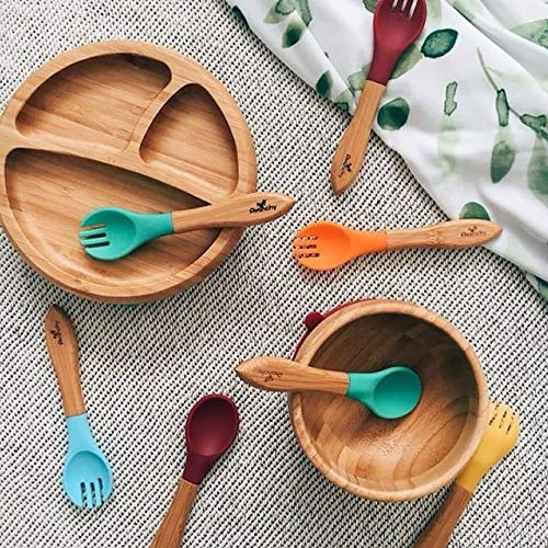 Avanchy Feeding Bamboo Silicone Baby Training Spoons with Plate and Bowl