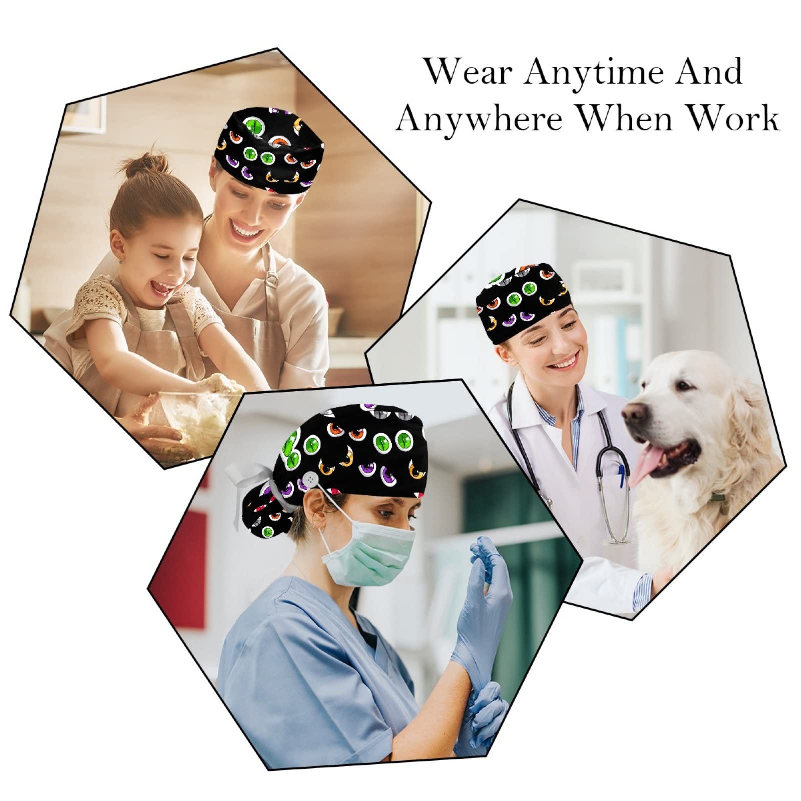 2 Pcs Nurse Scrub Caps Women Long Hair, Scary Colorful Eyes Adjustable Working Cap with Button and Sweatband