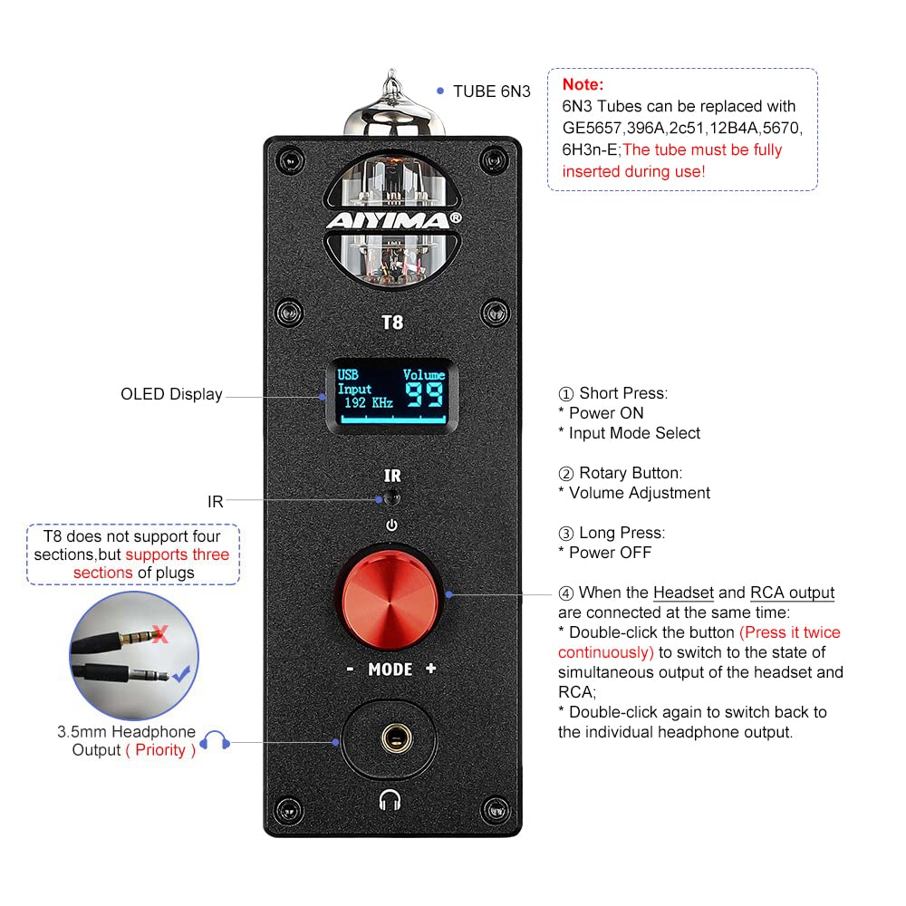 AIYIMA T8 6N3 Digital Tube Preamplifier Bluetooth 5.0 Hi-Fi Headphone Preamp Decoder Preamp PC-USB DAC APTX for Home Wireless Receiver Audio Stereo Amplifier + with Remote Control