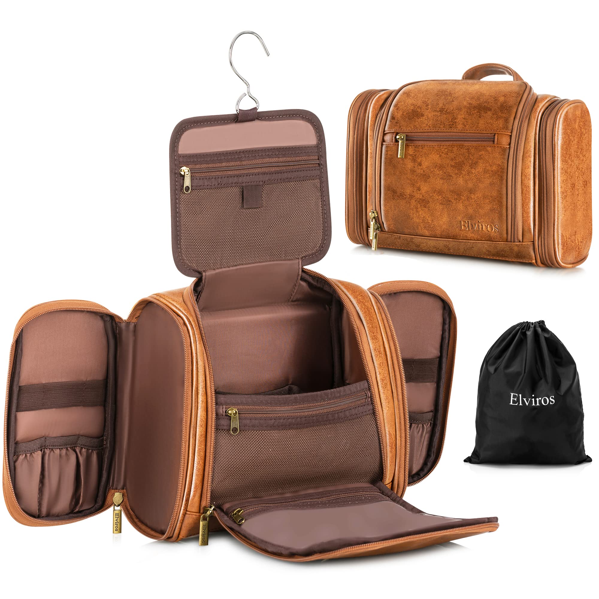 Elviros Travel Hanging Toiletry Bag for Women and Men, Large PU Leather Toiletries Organizer, Water-resistant Bathroom Shaving Kit for Cosmetics, Makeup Case (Large, Brown)