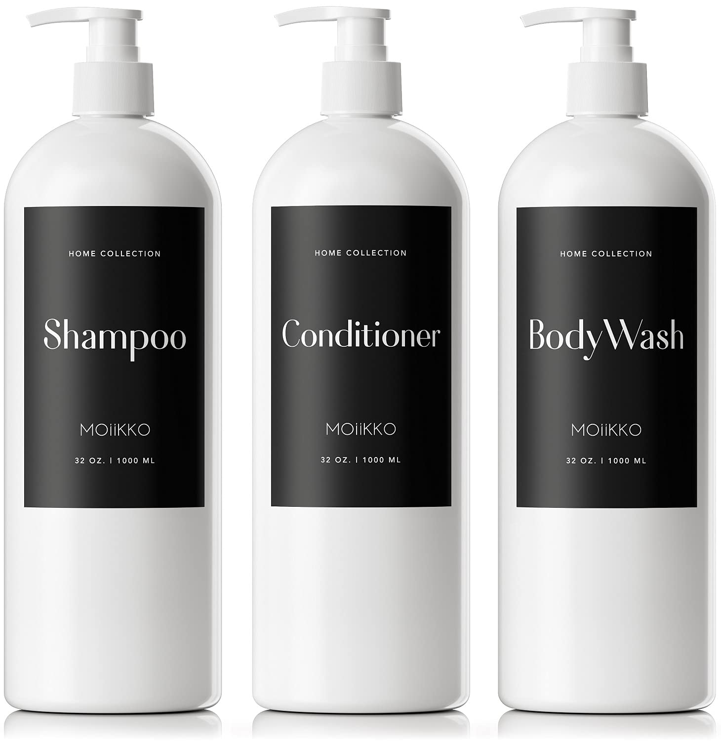 MOIIKKO 32oz Refillable Shampoo and Conditioner Dispenser Bottles - Set of 3 Empty Shampoo Conditioner Body Wash Dispenser with 8 Waterproof Labels
