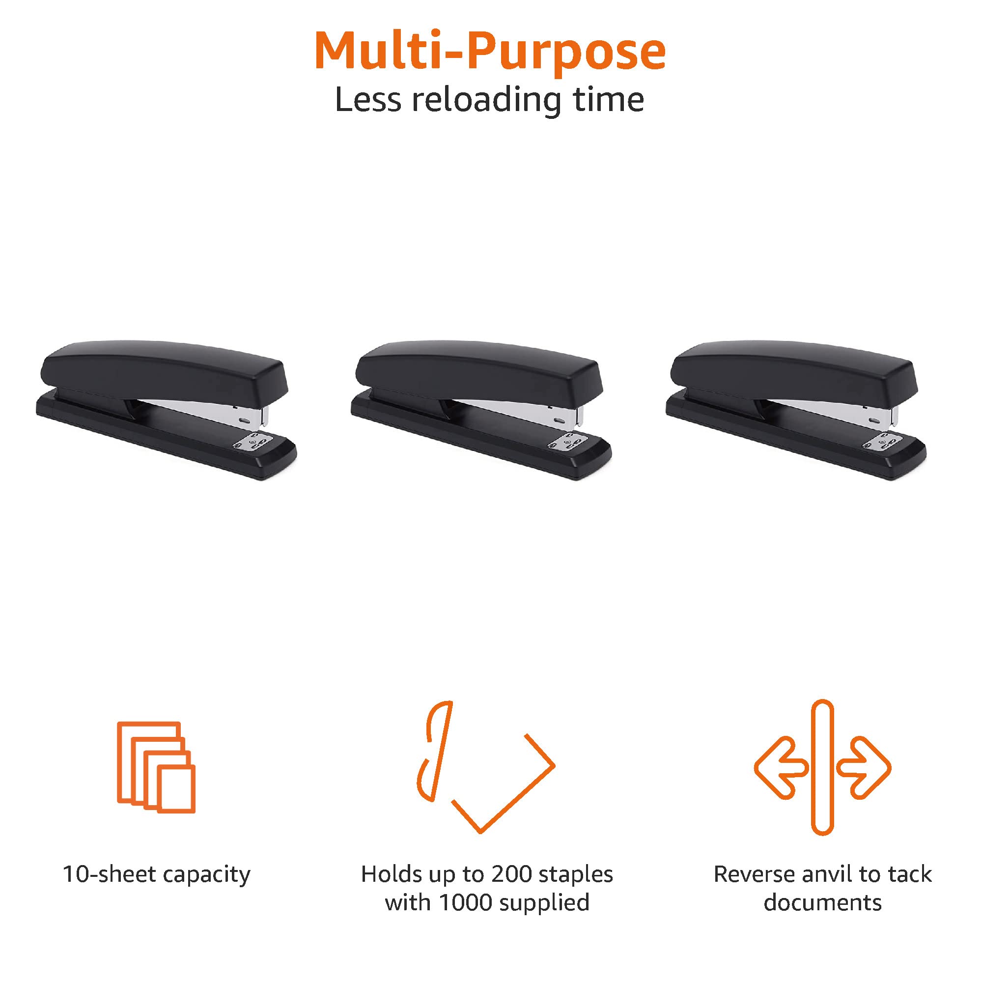 Amazon Basics Stapler with 3750 Staples, Office Stapler, 25 Sheet Capacity, Non-Slip, Black, 3 Pack