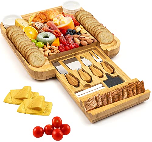 Bamboo Cheese Board & Cutlery Set - Large Charcuterie Board Set Cheese Platter with Slide-Out Drawer - House Warming Gifts New Home, Anniversary Wedding Gifts for Couples, & Cool Bridal Shower Gifts
