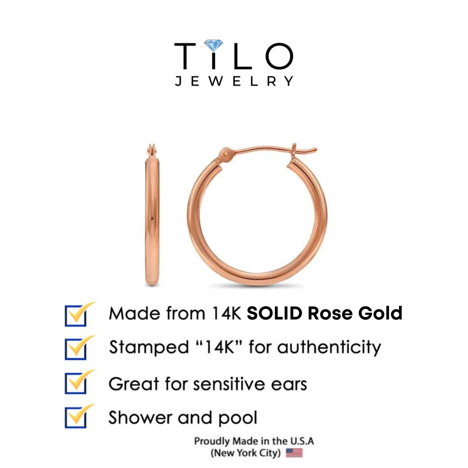14K Rose Gold Classic Shiny Polished Round Hoop Earrings, 2mm tube (25mm (1 inch))…