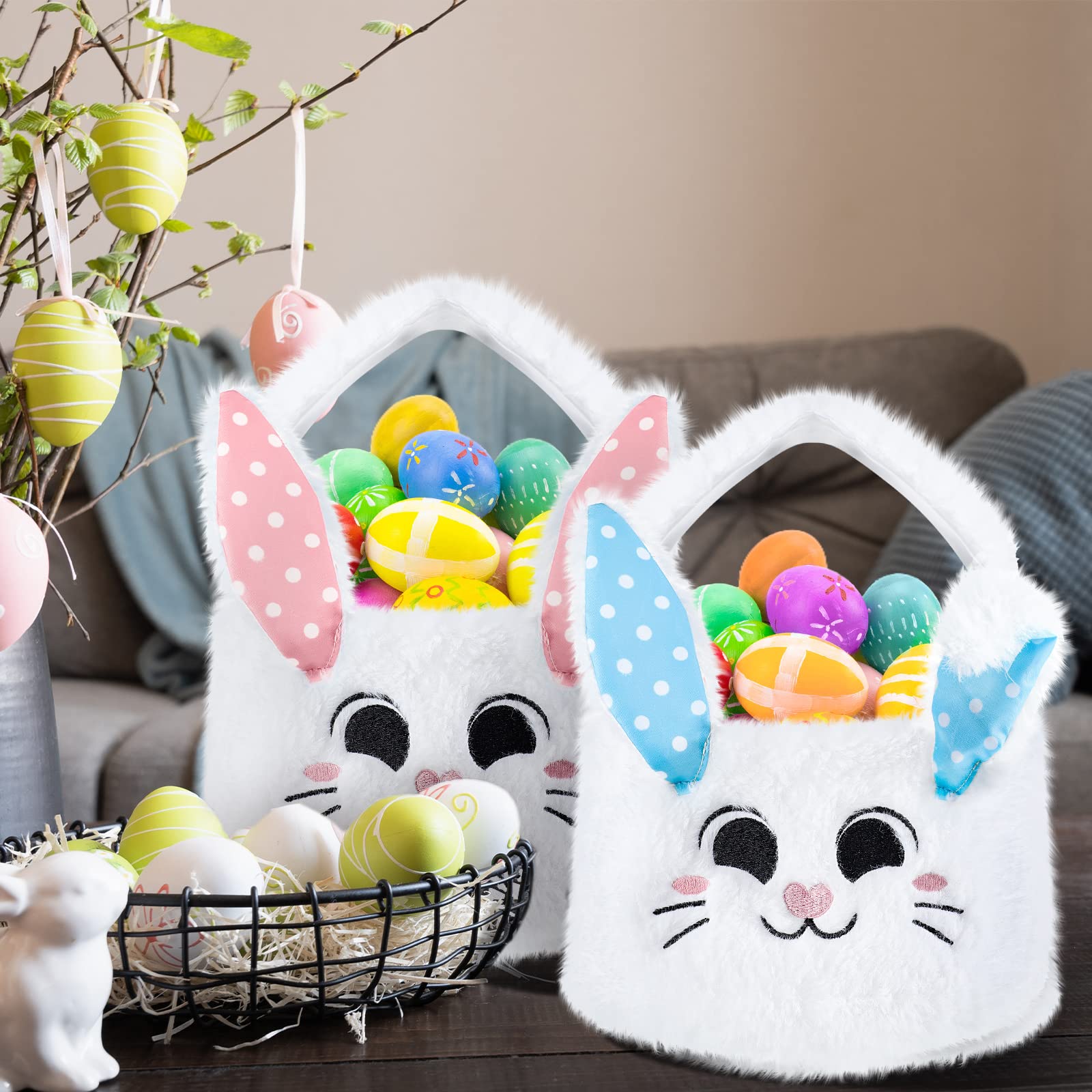 2 Pcs Plush Easter Bunny Basket Bunny Easter Buckets Fluffy Rabbit Easter Basket Bunny White Basket with Handle and Foldable Ear for Kid Adult, Easter Gifts Bunny Easter Egg Basket Hunt Event Supplies