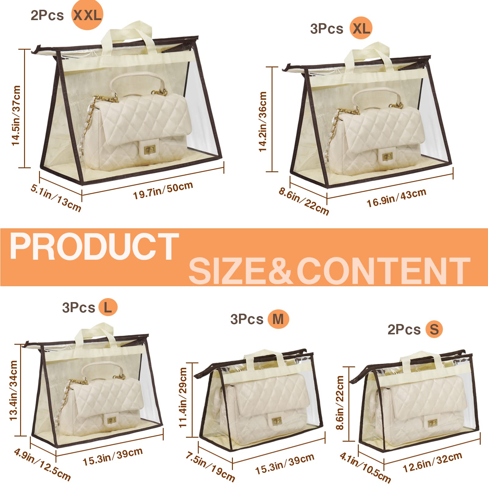 13Pcs Clear Dust Cover Bags for Handbags, YOCOMEY 5 Sizes Transparent Handbag Storage Organizer with Zipper and Handle, Dustproof Purse Protector Storage Bag for Closet Shelf (Beige)
