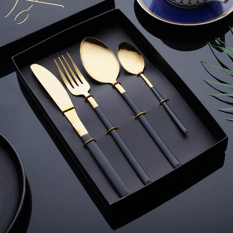 4 Pcs Stainless Steel Flatware Set, Black Gold Modern Cutlery Set Mirror Polished Knife Fork Spoon for Home, Kitchen, Including Place Knife, Fork, Spoon, Teaspoon, One Size (xiejinhong2)