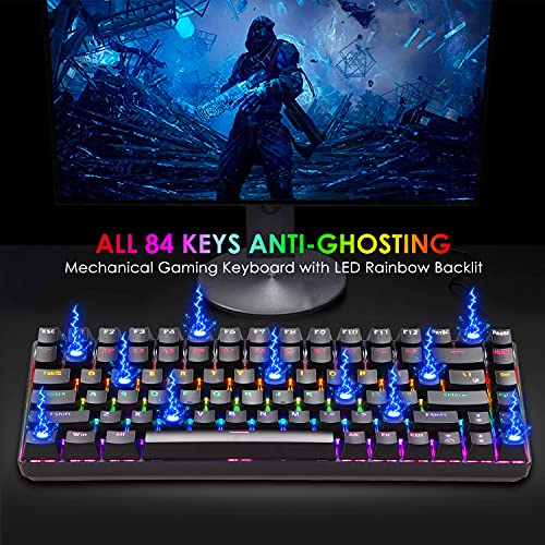 Gaming Keyboard and Mouse with Mechanical Red Switch Rainbow Backlit Wired Type-C 84 Keys Anti-ghosting,RGB 12000 DPI Lightweight Honeycomb Shell Gaming Mouse,Large Mouse Pad for PC Gamers(Black)