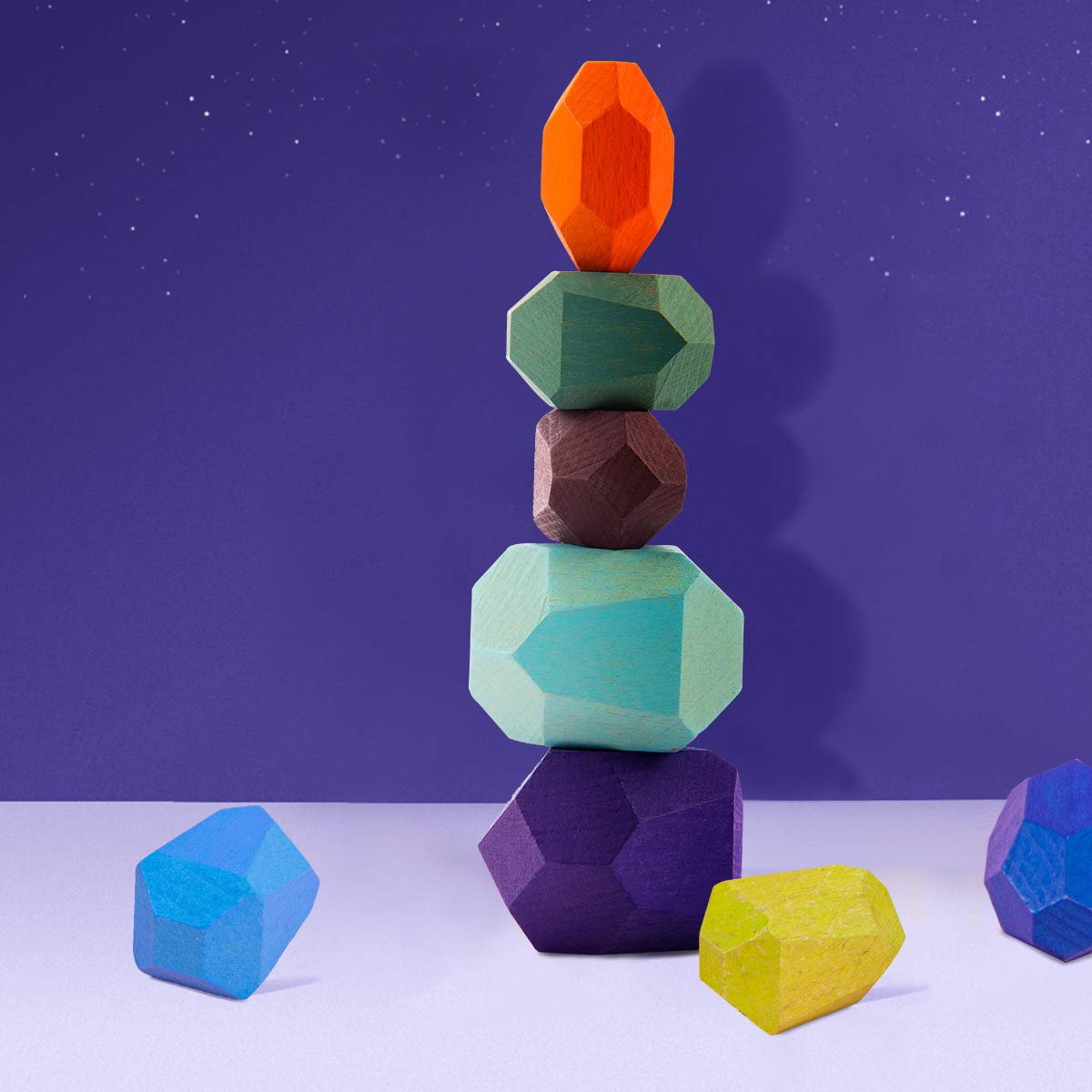 16 Pcs Wooden Stone Balancing Blocks- Colorful Wood Stone Building Blocks Natural Rainbow Balancing Stacking Game Rock Blocks for Kids Educational Toys
