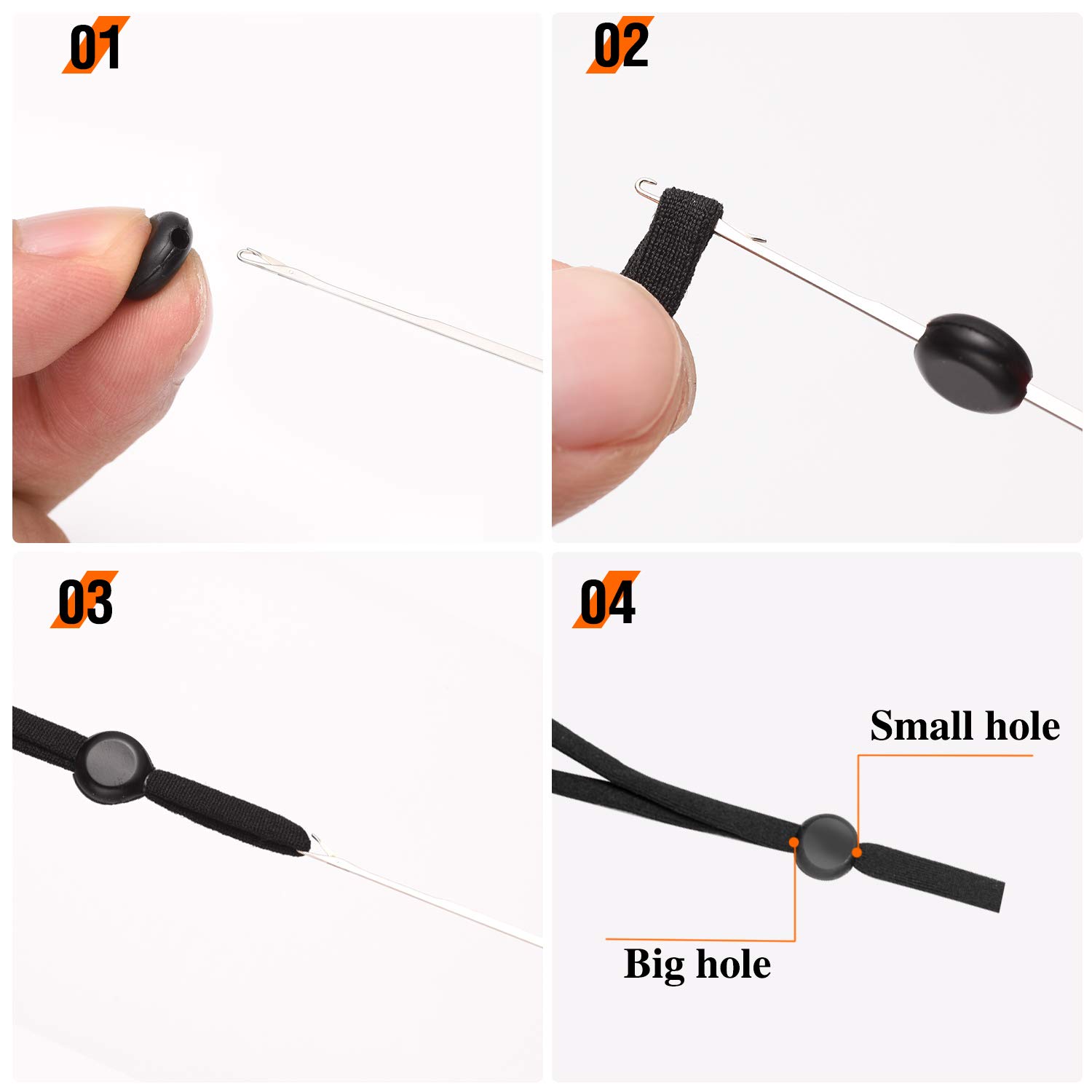 120 PCS Black and White Adjustable Soft Elastic String Cords Buckle Adjuster with 2 pcs Crochet Hook,Suitable for All Different Sizes of mask Straps Bands （1/8,1/5,1/4,5/8 Straps）