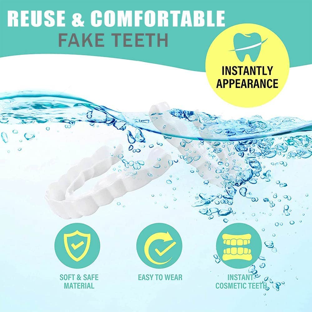1Set Dentures Veneers Tooth,Dental Care Kits for Anti Molar Orthodontic Cosmetic Teeth,Smile Snap Tooth.(White,1Top+ 1Bottom+2Adhesives+1Tweezers+1Heart-Shaped Storage Box)