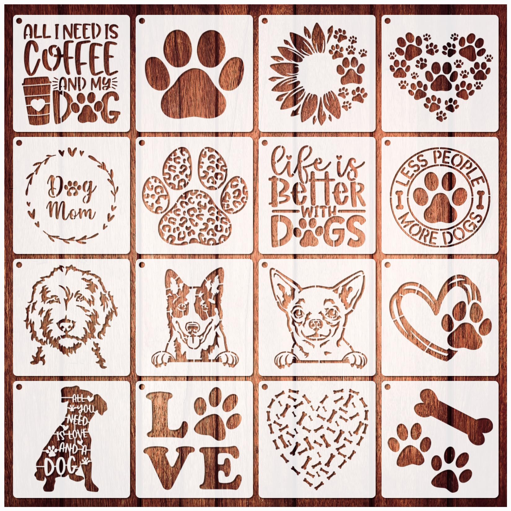 16 Pieces Dog Stencils Dog Paw Stencil for Painting on Wood Reusable Painting Templates for DIY Crafts Scrapbook Sign Shirt Canvas (16 Dog)
