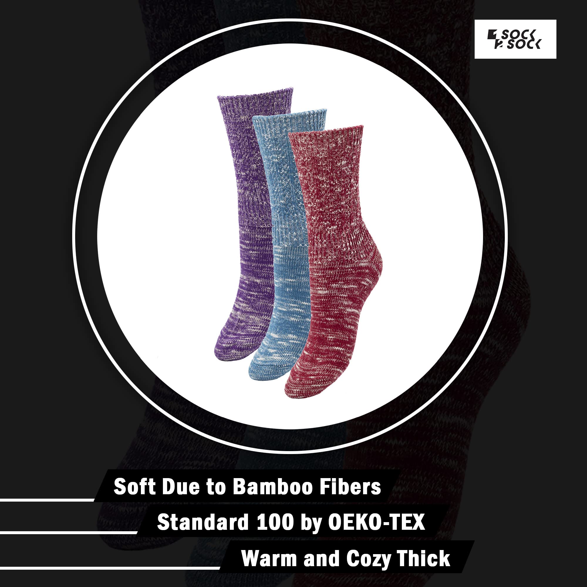 1SOCK2SOCK - Women's Warm Fuzzy Thermal Turkish Cotton Crew Socks - Cold Weather & Hiking (Red-Blue-Purple, Medium)