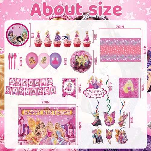 128 Pcs Pink Style Party Decorations, Pink Theme Birthday Decorations Include Banners, Tablecloth, Cake & Cupcake Topper, Backdrop, Tablewares, Balloons, Hanging Swirls, Napkins for Girls