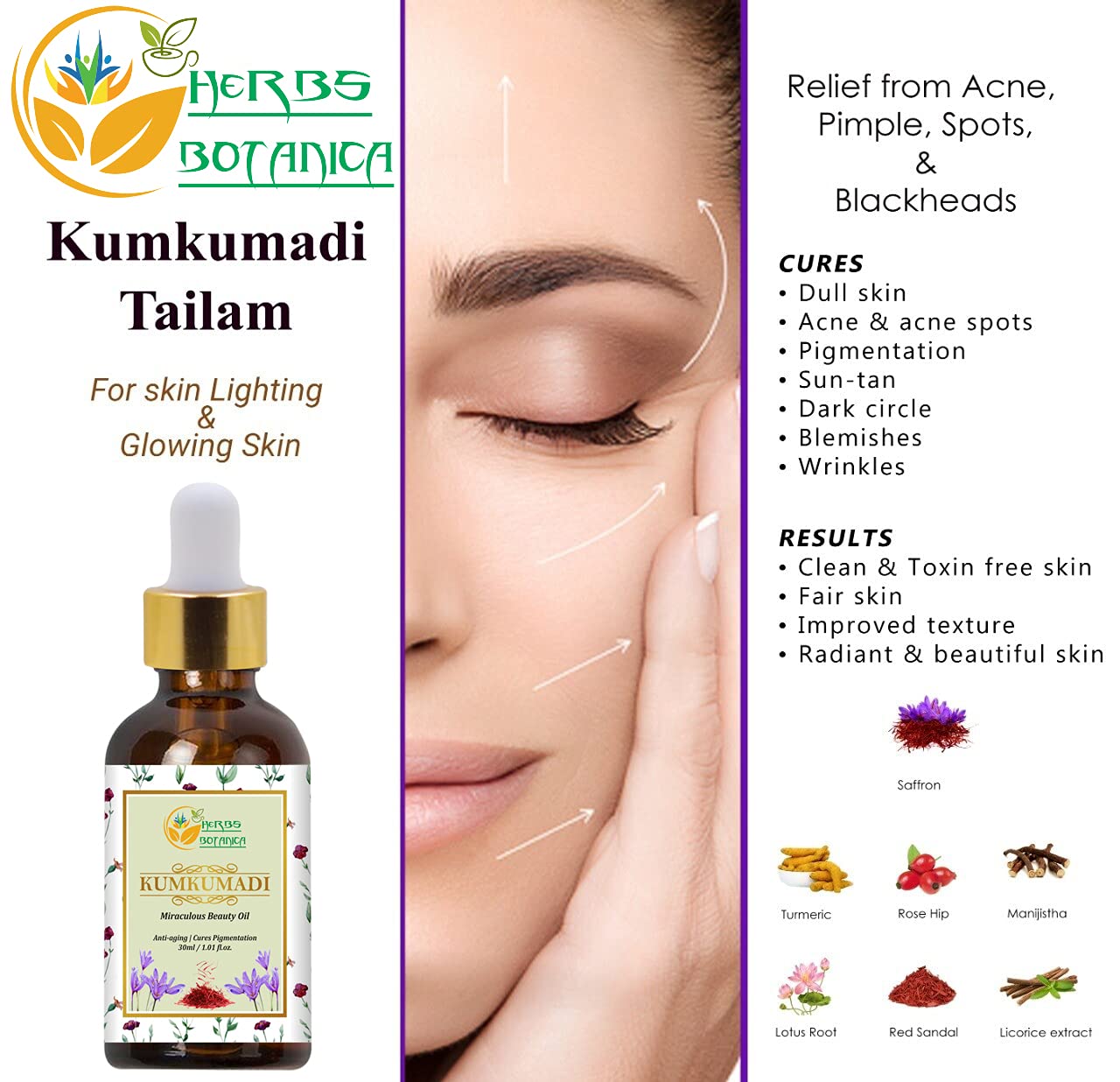Herbs Botanica Kumkumadi Oil Pure Ayurveda Face Oil with Saffron, Serum Face Moisturizer 26 Herbs 30 Ml