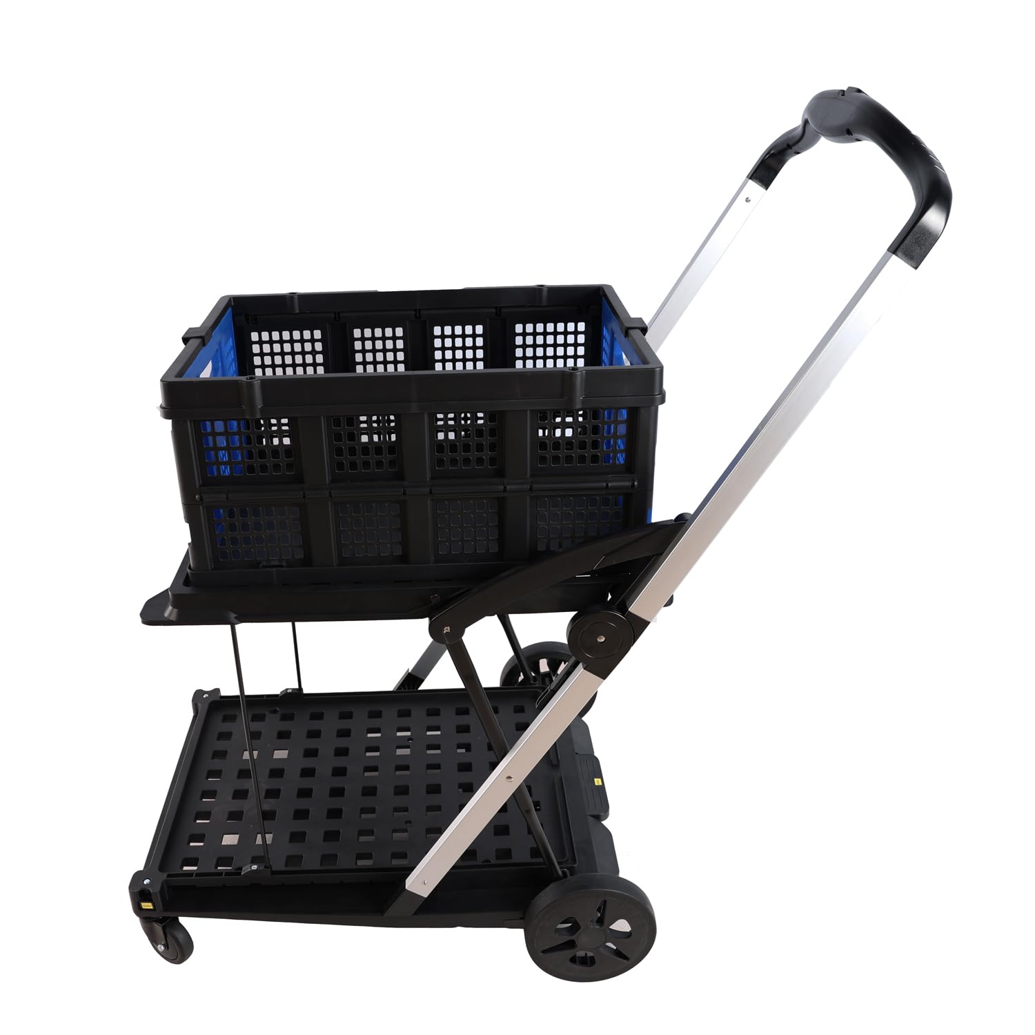 2-Tier Folding Shopping Cart with Wheels, Collapsible Utility Cart Multi Use Functional, 2 in 1 Hand Truck for Grocery/Luggage/Moving