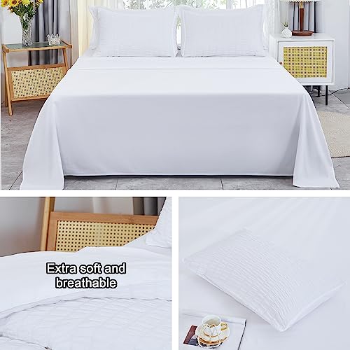 AveLom White Comforter Queen Size Set with Sheets - 7 Pieces Bed in a Bag Seersucker Complete Bedding Set, All Season Lightweight Bed Set with Comforter, Sheets, Pillowcases & Shams