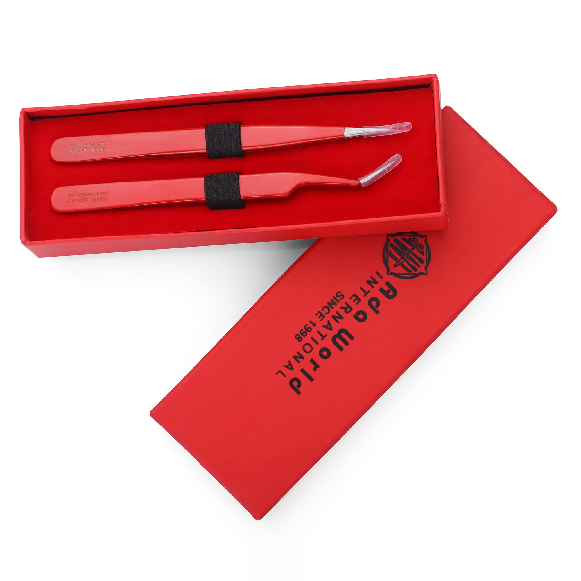 2 PCS Straight and Curved Tip Tweezers Nipper for Eyelash Extensions, RED Stainless Steel False Lash Application Tools