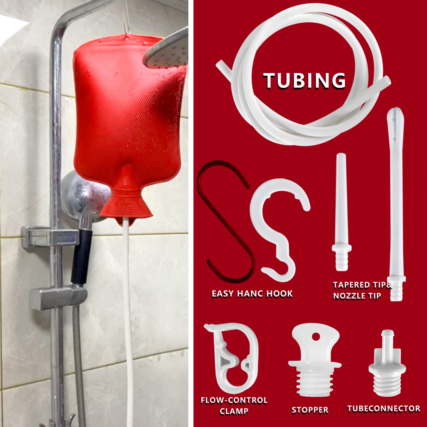 2 L Enema Bag ,Coffee Enema Bag Kit with 5.0 ft. Long Silicone Hose ,2 Multi-Size Reusable Tips, Controlable Water Flow Valve- Coffee, Shower, Douche & Home Adult Enema Kit(RED)