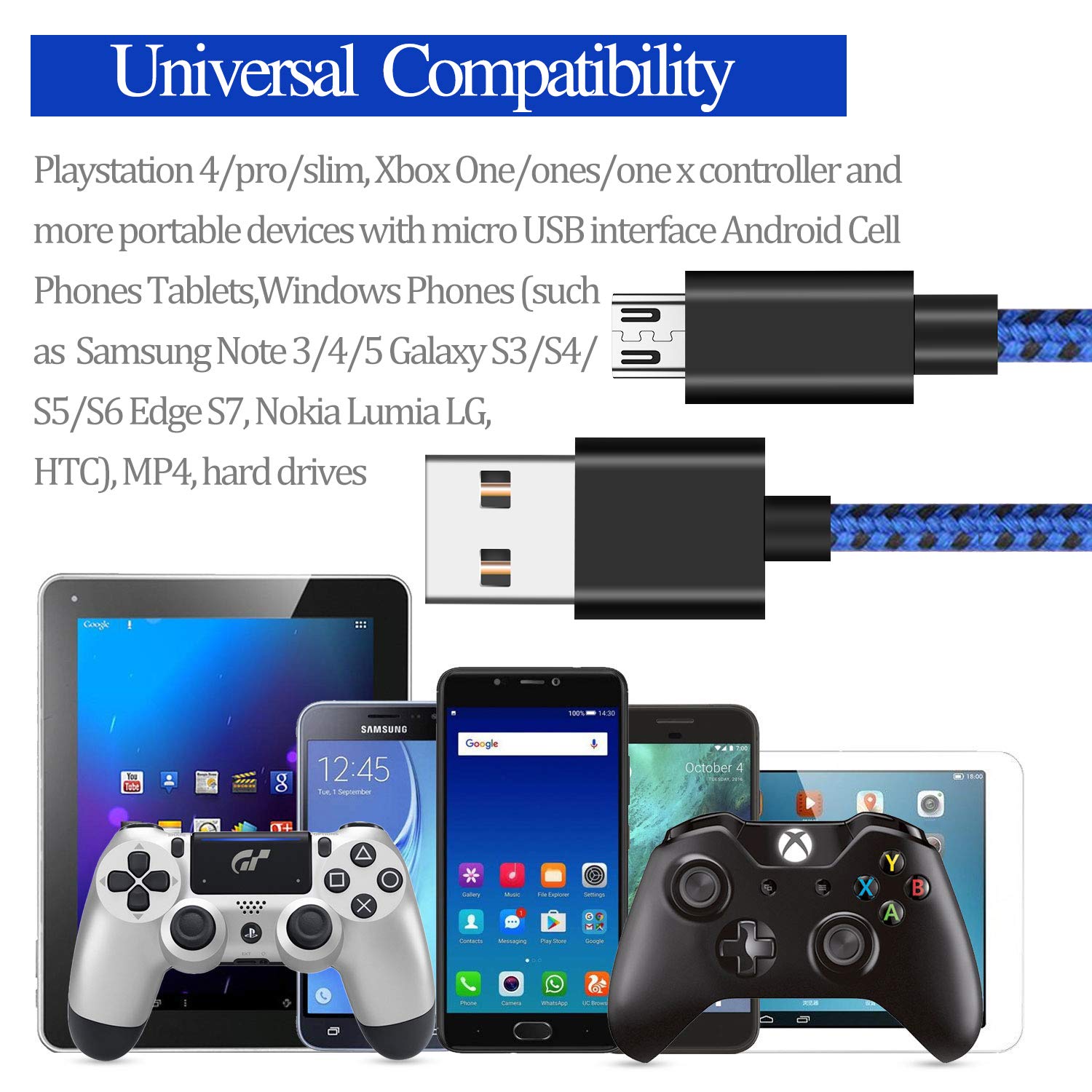 2 Pack 10FT/3M PS4 Controller Charging Cable, Micro USB Charger Sync Cord for Sony PS4 PS4 Pro/Slim Controller, Microsoft Xbox One S/X Controller, Galaxy S7, S7 Edge, S6 and More,Blue