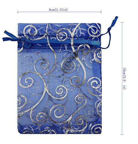 Ankirol 100pcs Sheer Organza Favor Bags For Wedding Baby Shower Rattan Print Gift Bags Samples Display Drawstring Pouches (3x4 inch, blue)