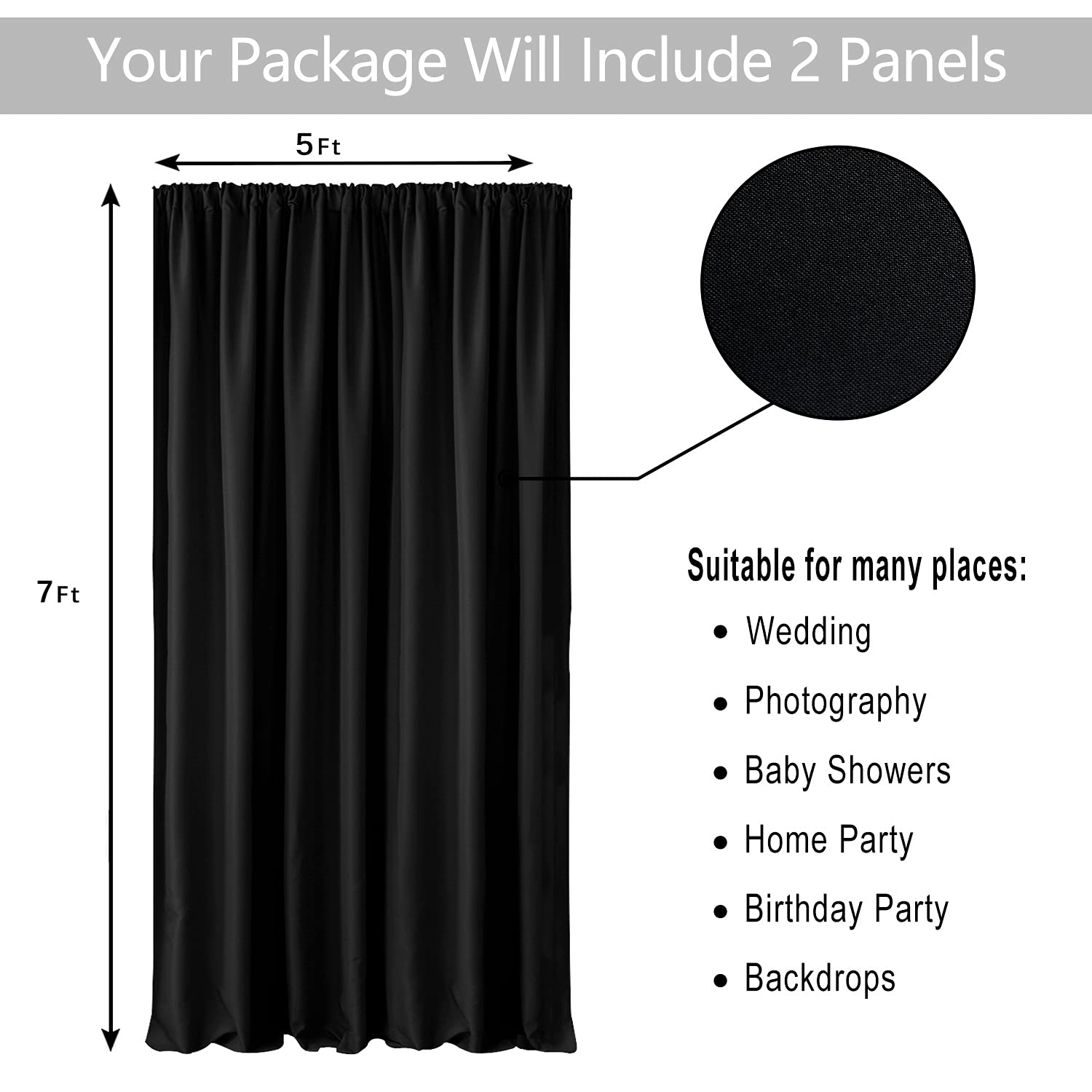 Hiasan Black Backdrop Curtains for Parties, Polyester Photography Backdrop Drapes for Family Gatherings, Wedding Decorations, 5ftx7ft, Set of 2 Panels