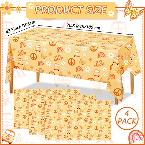 4 Pcs Stay Groovy Tablecloth Retro Hippie Boho Party Table Covers Daisy Flower Bohemian Rainbow Tablecloths Disposable Waterproof Table Cover 60s Theme Birthday Party Decor Supplies (42.5 x 70.8 Inch)