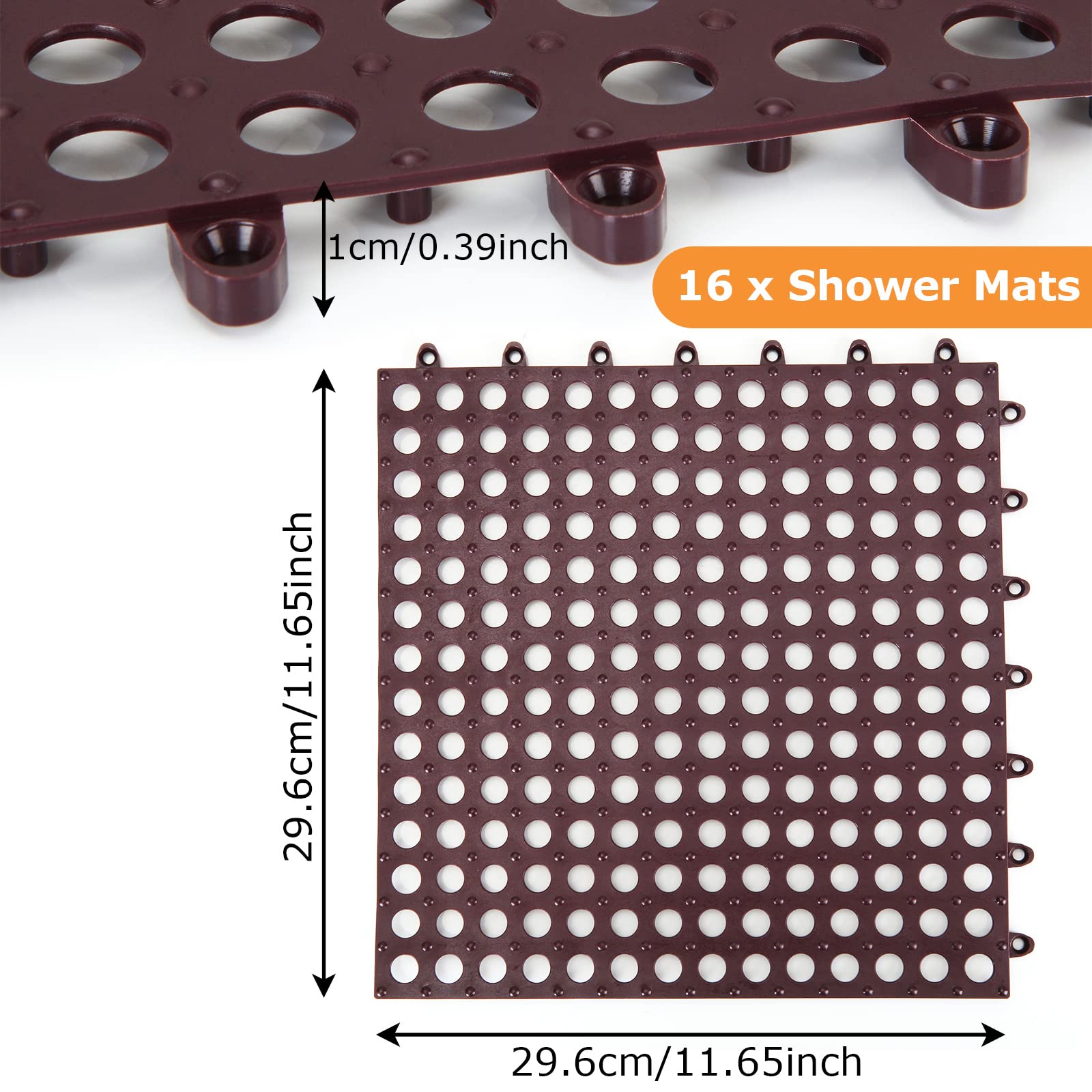 16Pack 11.8 x 11.8 Inch Interlocking Rubber Floor Tiles Non-Slip Shower Pool Deck Tiles for Flooring, Soft PVC Splicing Modular Cushion Mat Drainage Mats for Patio Garage Kitchen Bathroom (Brown)