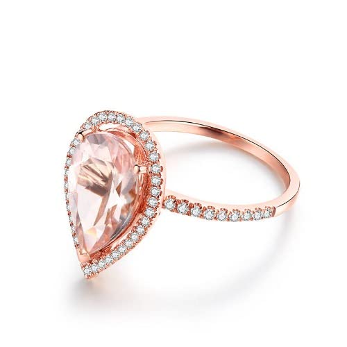 2.15 Cttw Pear Shape Simulated Peach Morganite & White Cubic Zirconia Wedding Engagement Halo Ring In 14K Rose Gold Plated 925 Sterling Silver - Ring Size - 5.5