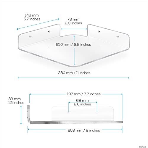 BRAINWAVZ 2-Pack 8” Corner Floating Shelf for Speakers, Books, Decor, Plants, Cameras, Photos, Kitchen, Bathroom, Routers & More Universal Small Holder Acrylic Wall Shelves (Clear)