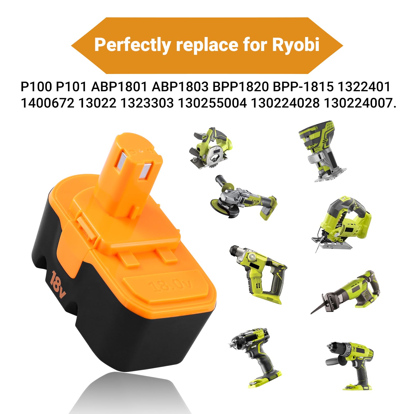 2 Pack 18V P100 Battery Replacement for Ryobi 18V Battery NiMH Compatible with Ryobi 18 Volt Battery for P101 ABP1801 ABP1803 BPP1820 130224028 130224007 Cordless Power Tools