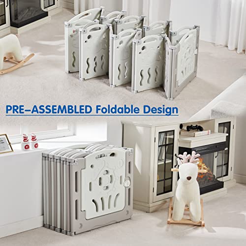 Albott Baby Playpen, Upgraded 18 Panels Foldable Baby Fence with Game Panel and Safety Gate, Adjustable Shape, Portable Baby Play Yards for Children Toddlers Indoors or Outdoors (Grey+White, 18 Panel)