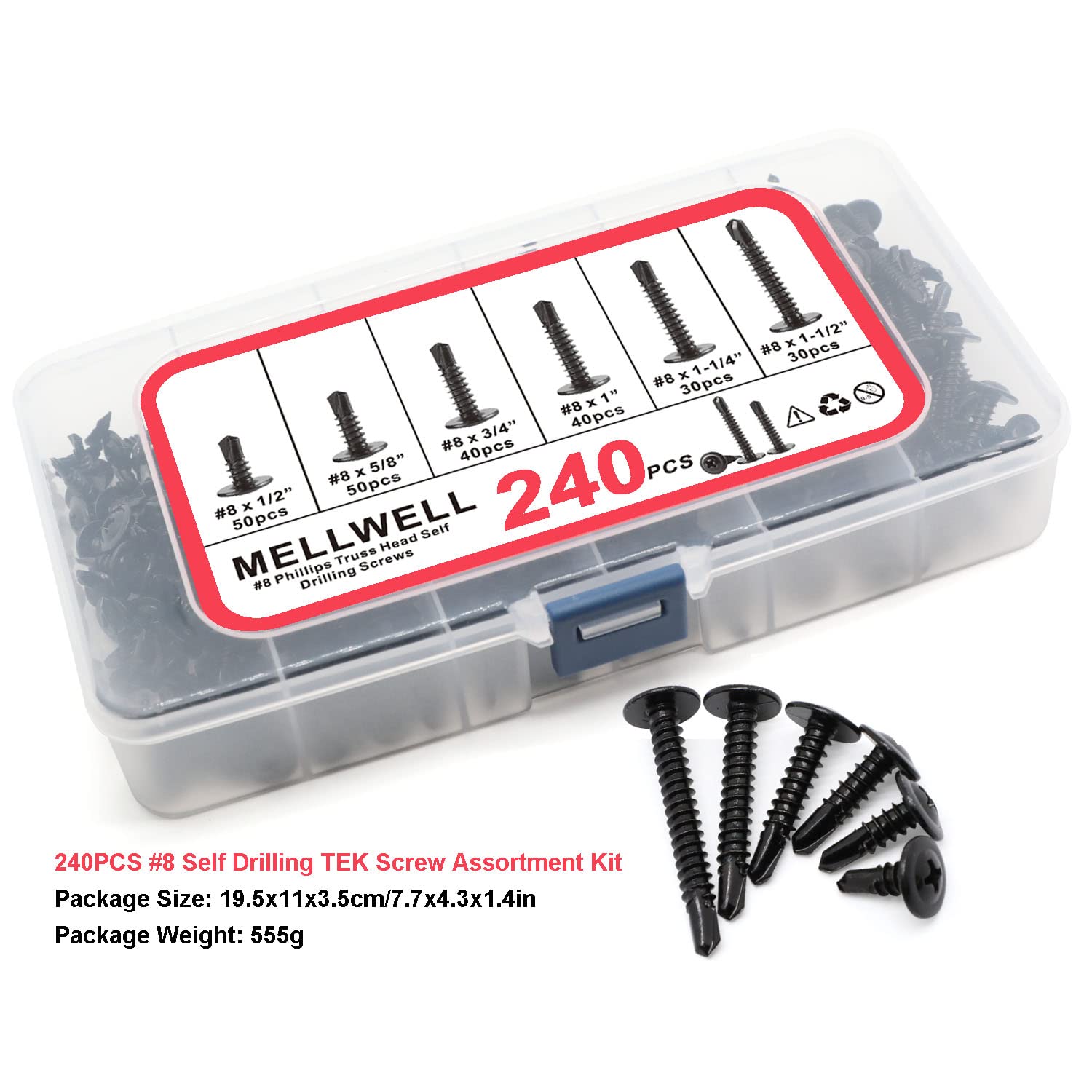 240PCS #8 Self Drilling TEK Screw Assortment Kit, Hex Washer Head Self Tapping Screws for Metal, Black Oxide 410 Stainless Steel Screws, Length 1/2" to 1-1/2"