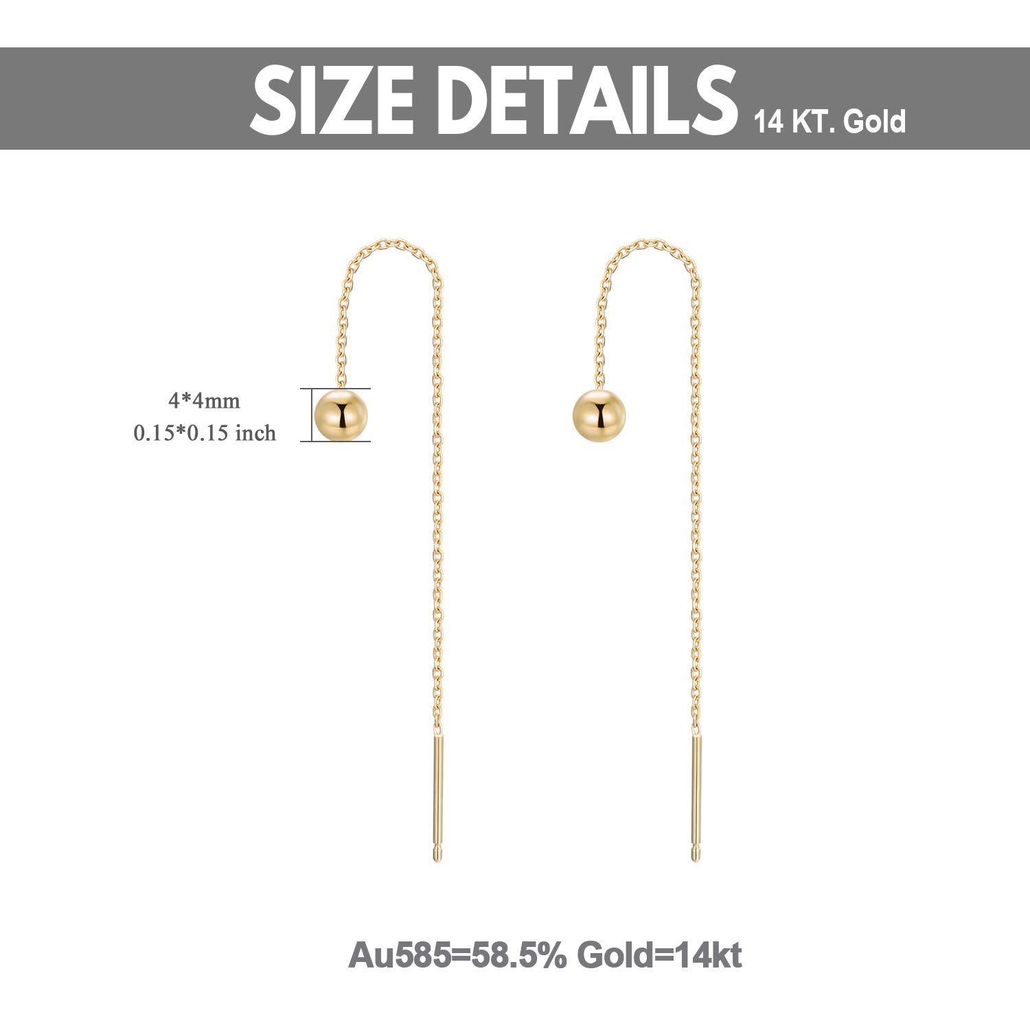 14K Solid Gold Ball Dangle Earrings for Women, Dainty 4mm Yellow Gold Ball Threader Drop Earrings Jewelry on Birthday, Anniversary
