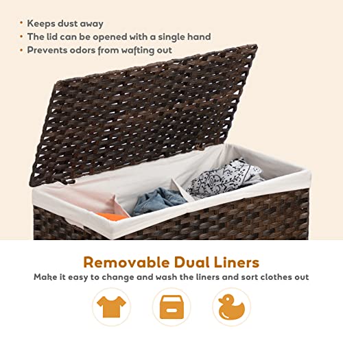 ALIMORDEN Wicker Laundry Hamper with Lid and Wheels 110L Clothes Laundry Basket with Removable Liner Bags Large Hampers for Laundry Organizer 3 Sections for Bedroom Closet Laundry Room Bathroom Brown