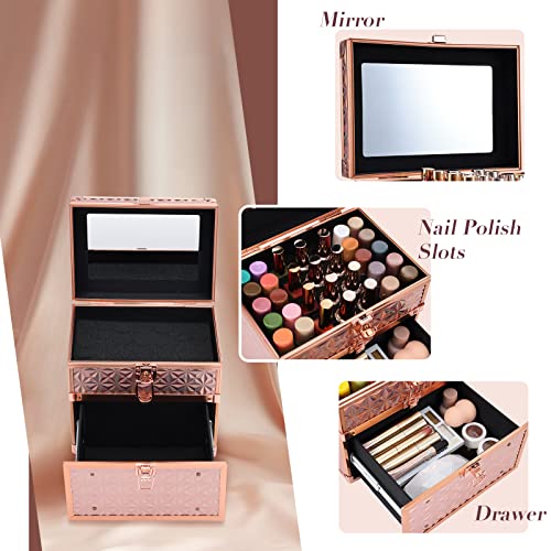 Costravio Nail Supplies Organizer Box Nail Polish Storage Case for Nail Tech or Home Use With Drawer and Slots Travel Makeup Train Case Portable Lockable - Rose Gold