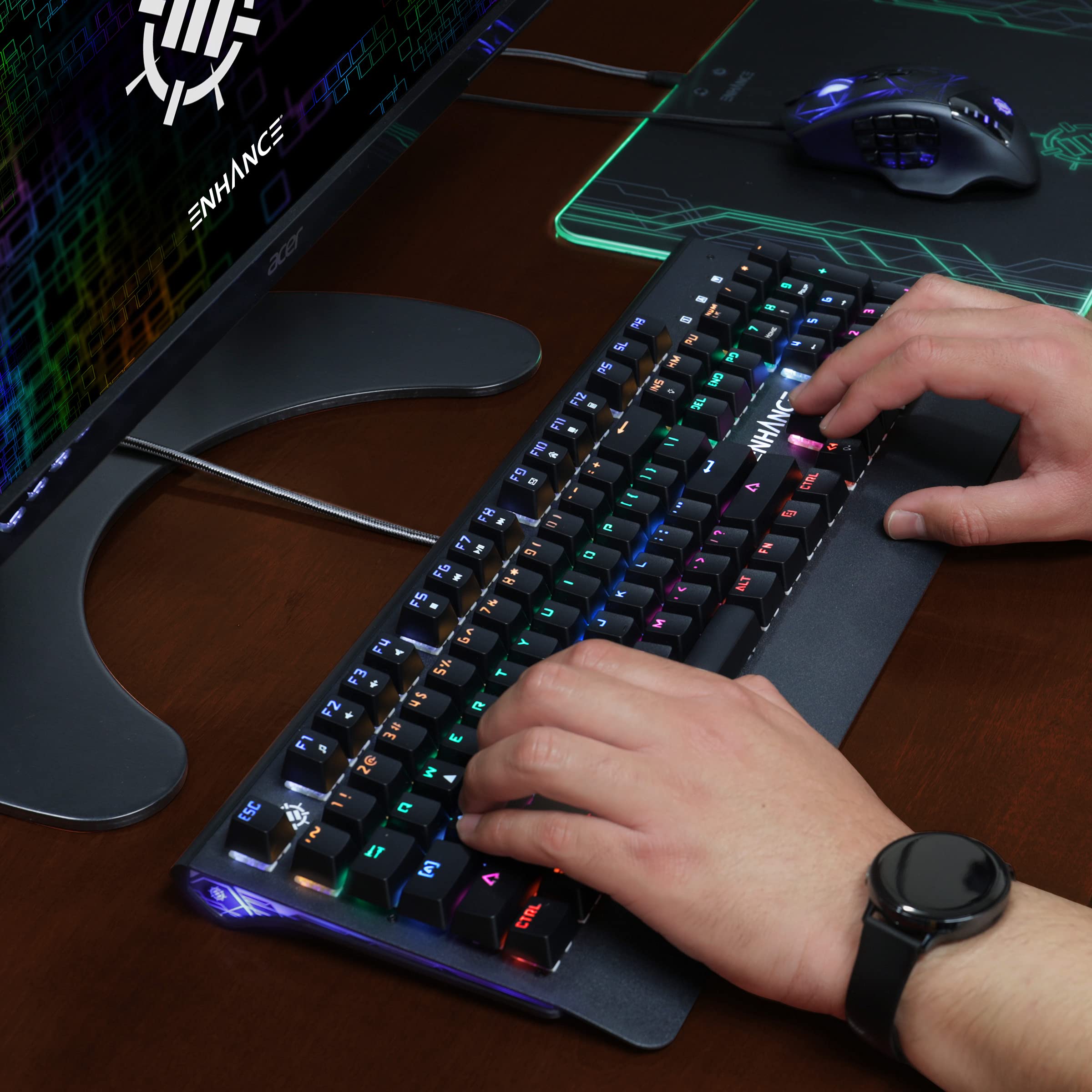 ENHANCE Pathogen 2 Blue Switch Mechanical Keyboard - Mechanical Gaming Keyboard with Fast 1ms Response Polling Rate with Integrated Wrist Rest, 26KRO & Anti-Ghosting, 7 LED Lighting Effects