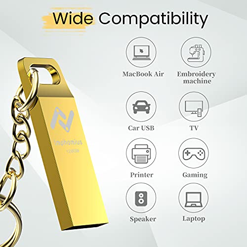 Imphomius 128GB Metal USB 2.0 Flash Drive with Keychain Waterproof and Dustproof Thumb Drive exFAT Memory Stick 128 GB Jump Drive for Storage and Backup, Gold