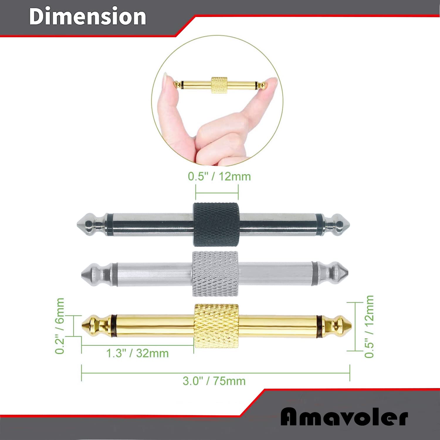 Amavoler Professional Guitar Pedal Coupler, 1/4 inch TS Guitar Effects Pedal to Pedal Connector Straight Type (4 Pack) (Gold)