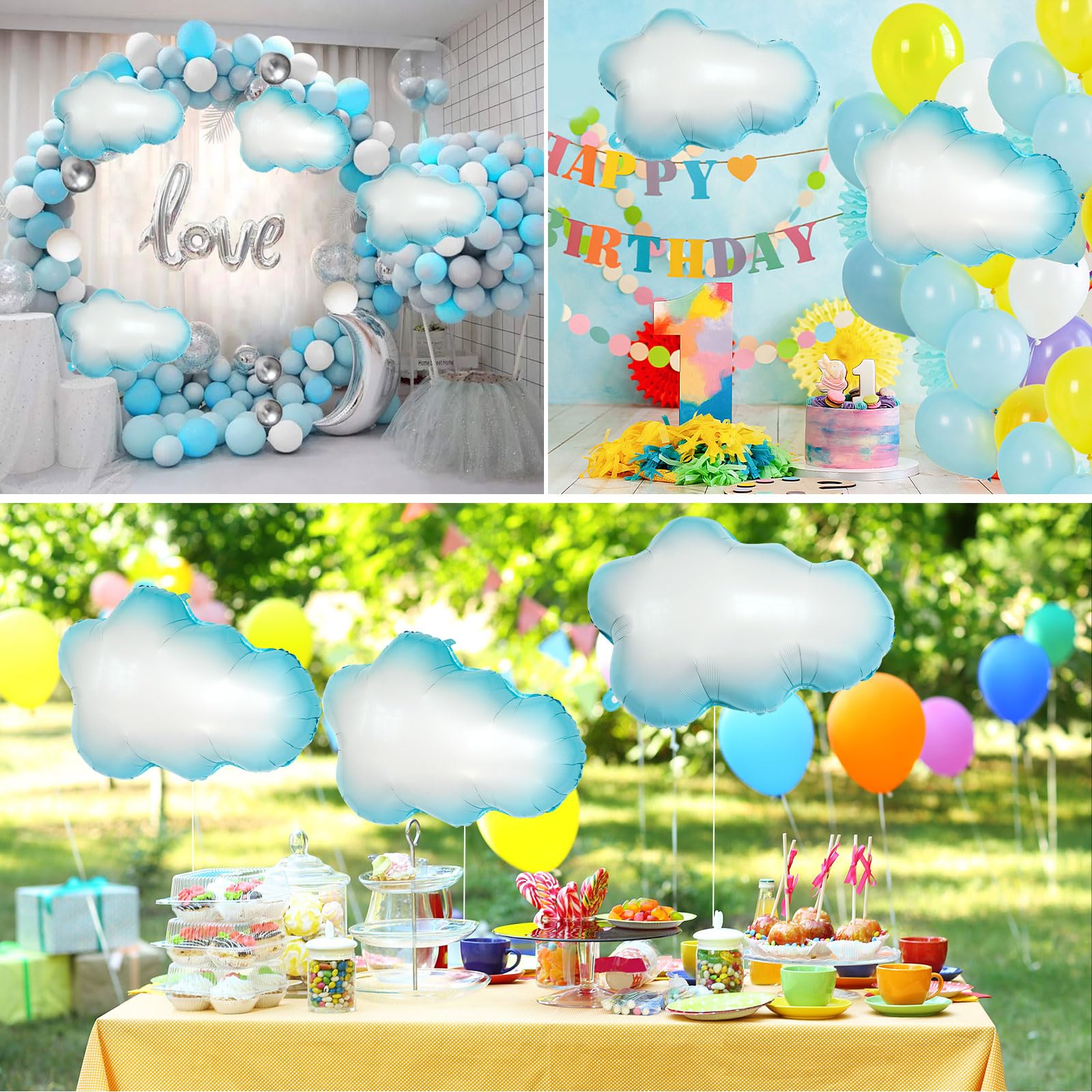 14 Pcs Cloud Balloons, Large White Clouds Foil Mylar Balloons, Happy Cloud Mylar Balloon for Birthday Themed Party Decorations Supplies