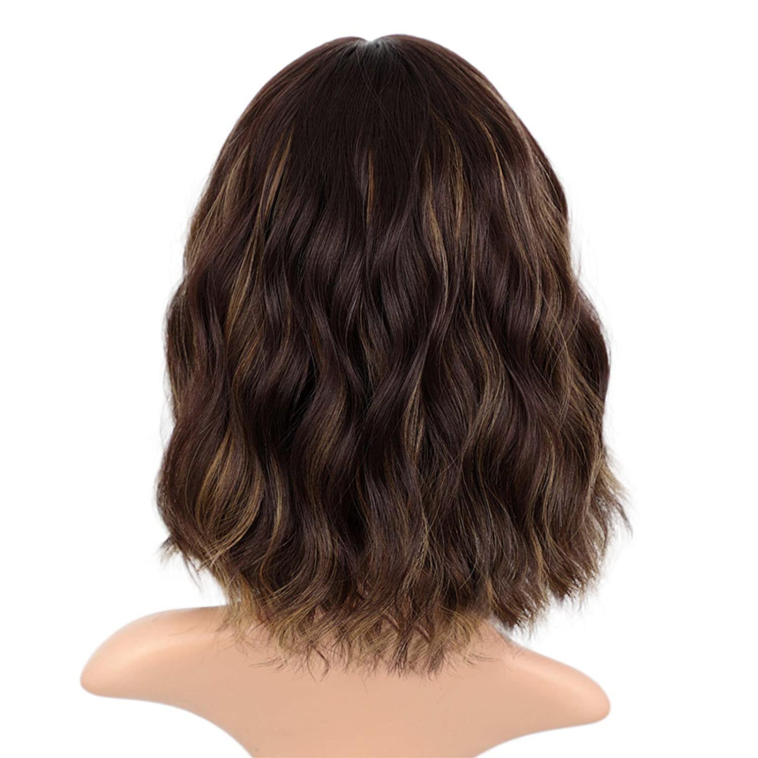 ENTRANCED STYLES Dark Brown Wigs for Women, Blonde Highlights Wig Natural Looking Short Wavy Bob Wig with bangs Medium Length Heat Resistant Synthetic Wig Daily Party Use 12β