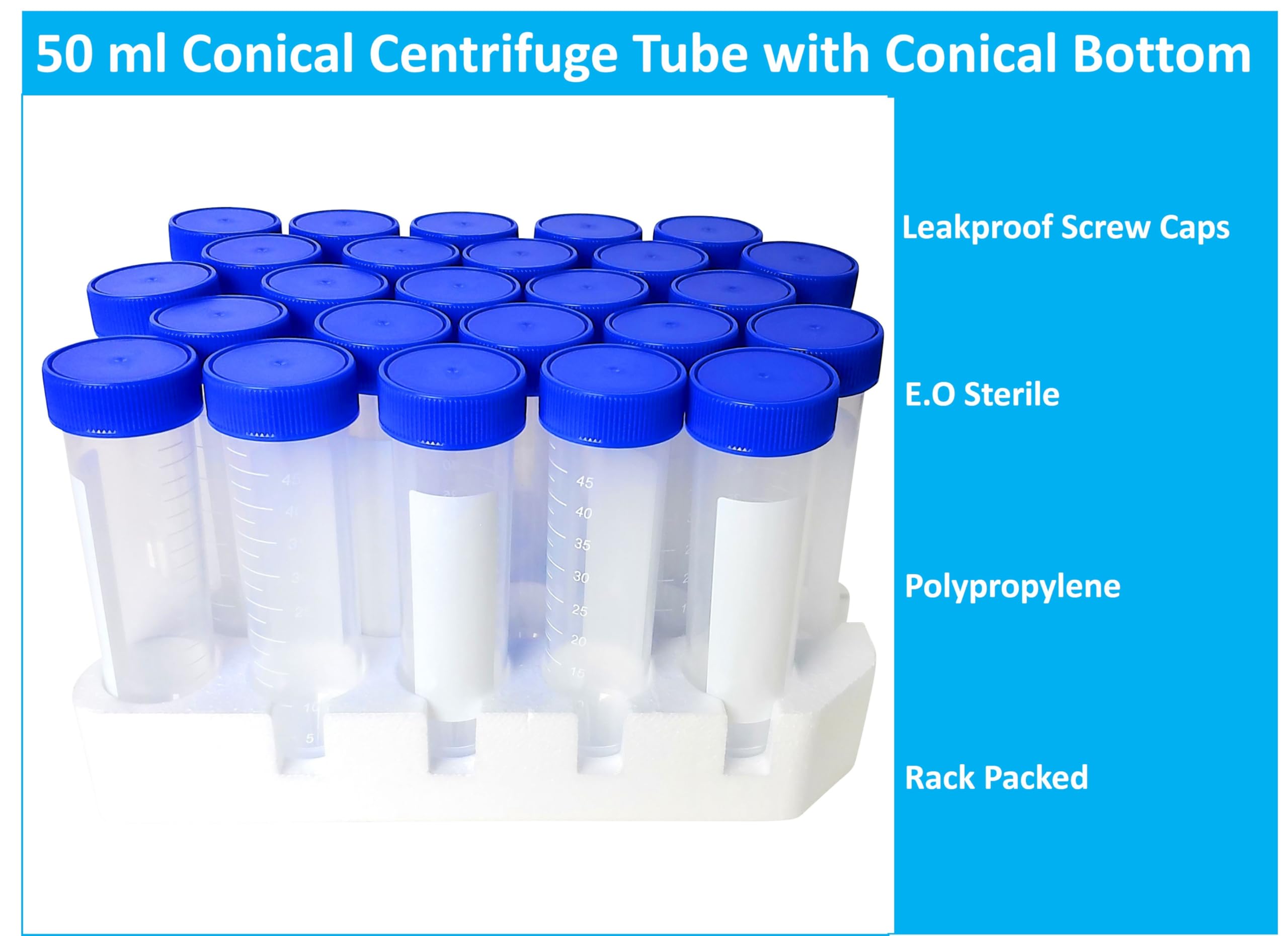 50 ml Conical Centrifuge Tube with Conical Bottom, Leakproof Screw Caps, Sterile, Polypropylene (PP), Rack Packed (Pack of 25)